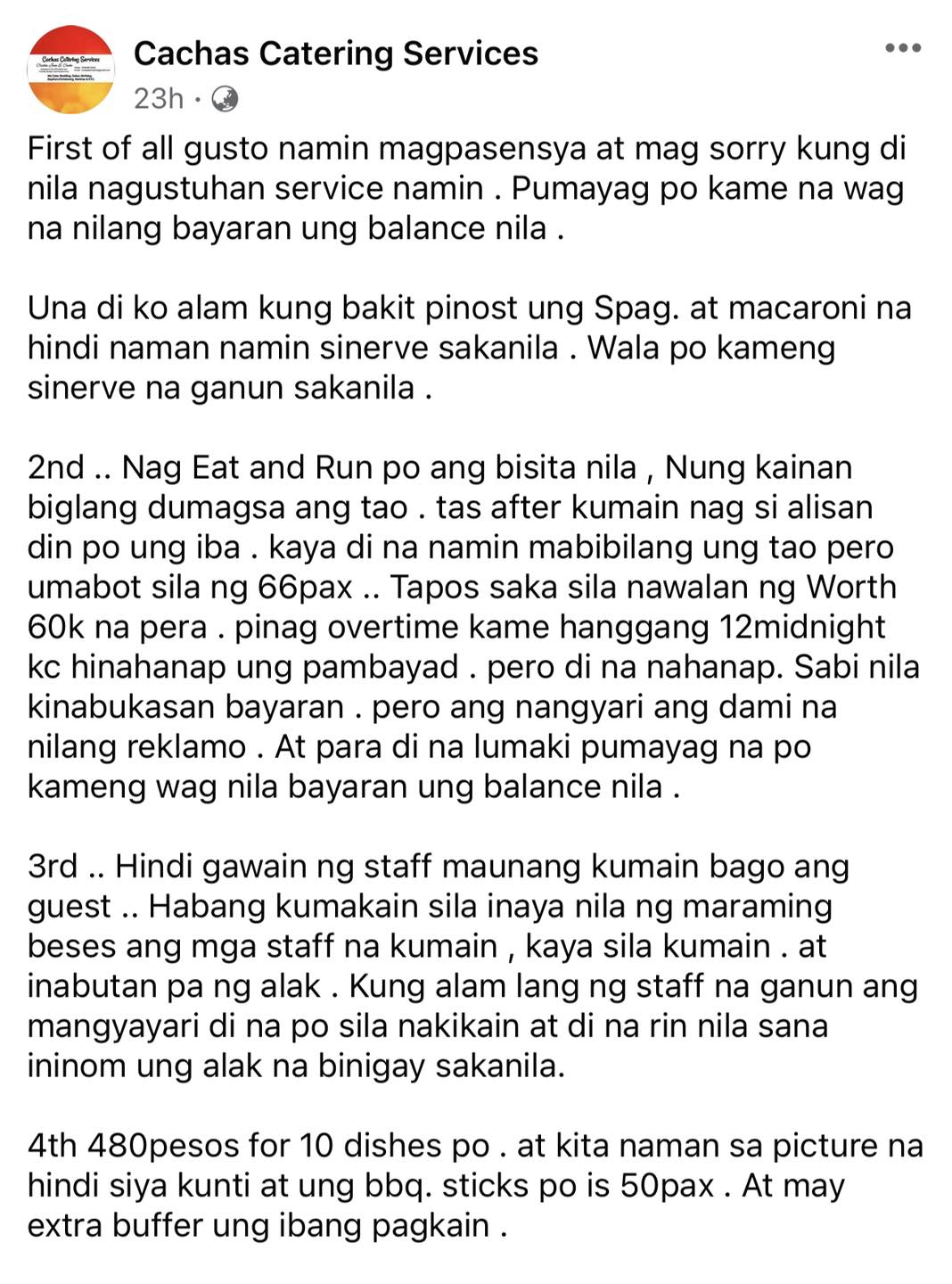 Vlogger na si Jean Cacho, sumagot sa nagreklamo sa kanyang catering ...