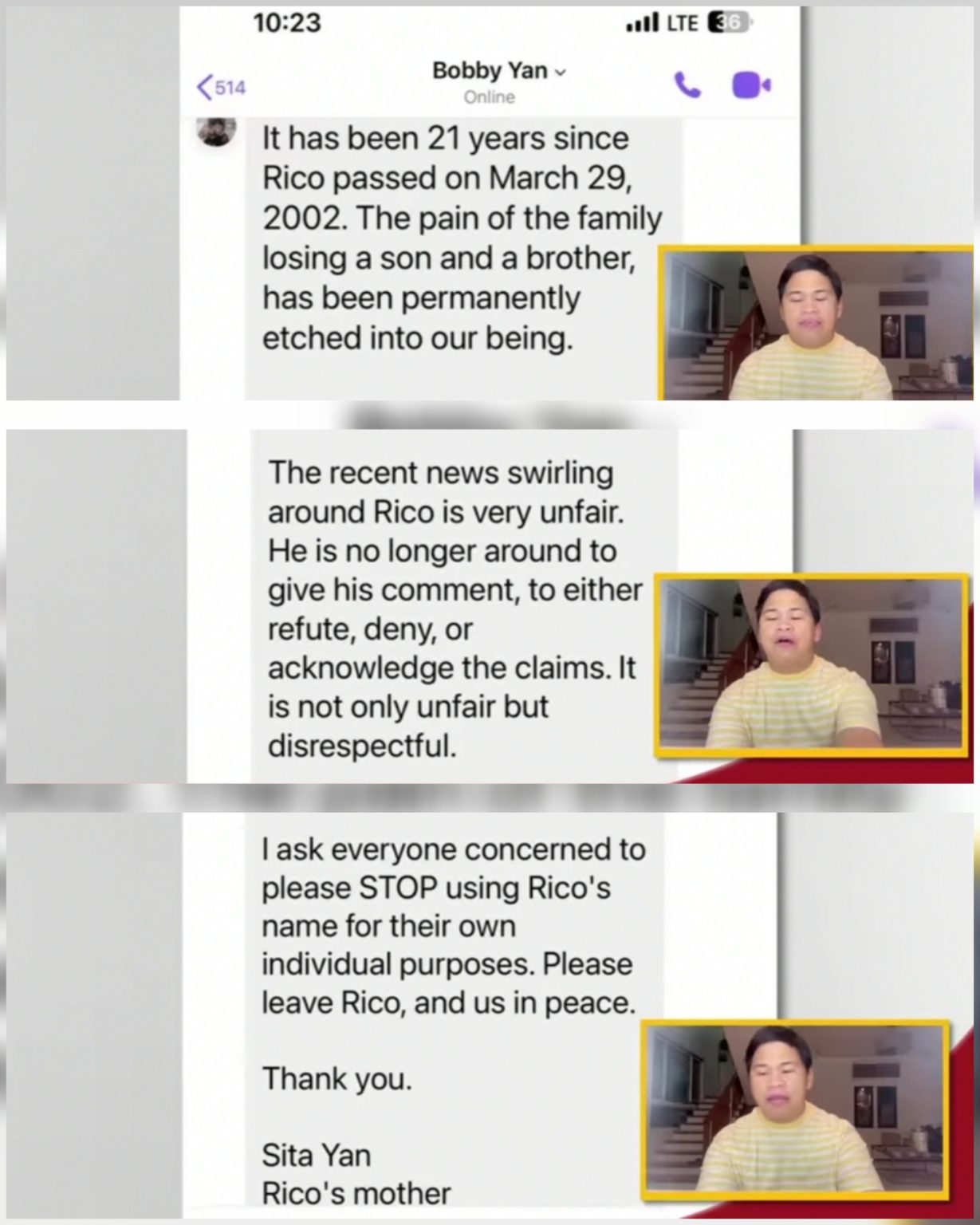 Rico Yan's mother asks Sabrina M to stop using her son: "Please leave ...