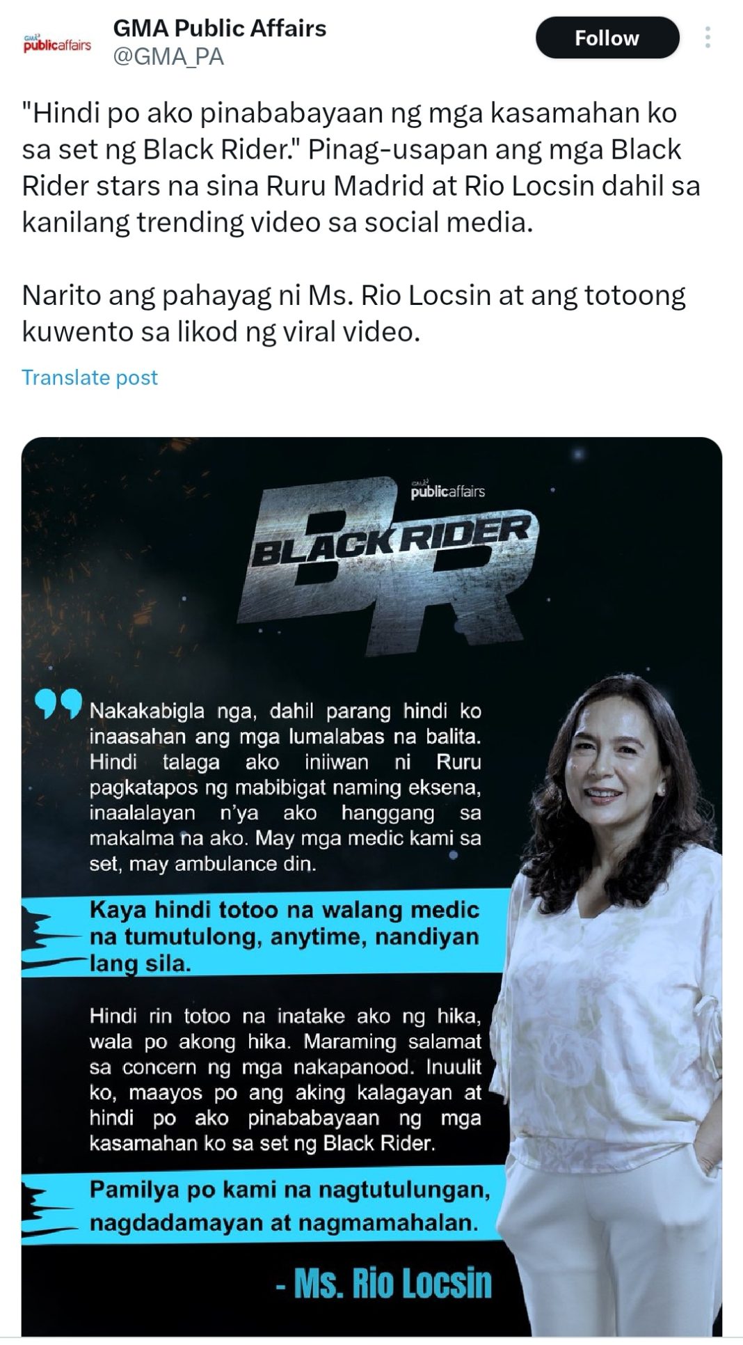 Rio Locsin, sinagot ang mga paratang na pinabayaan siya sa set ng ...