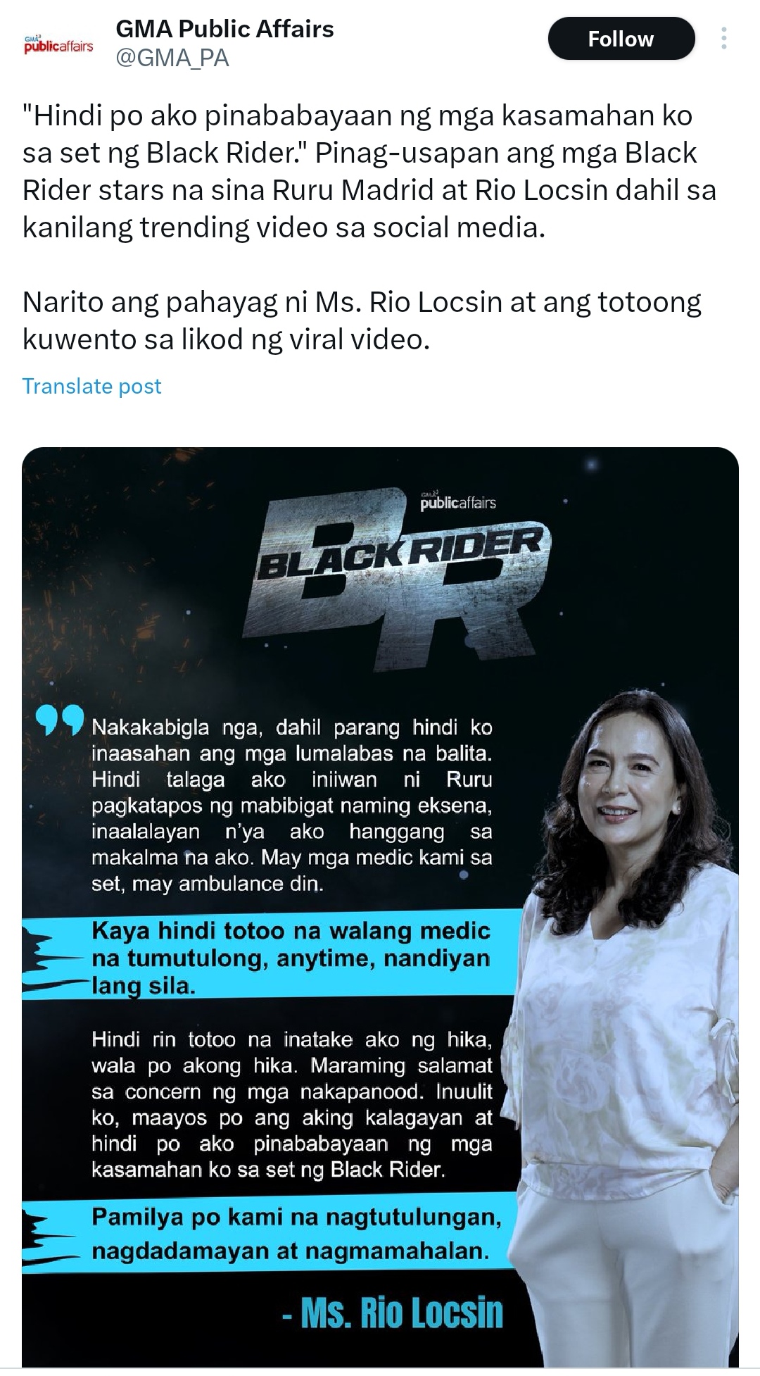 Rio Locsin, sinagot ang mga paratang na pinabayaan siya sa set ng ...