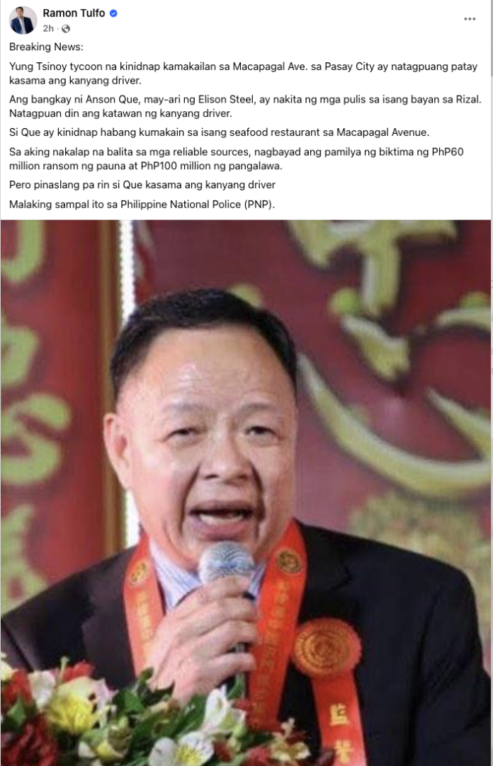 Filipino-Chinese businessman na dinukot, natagpuan na wala ng buhay - report